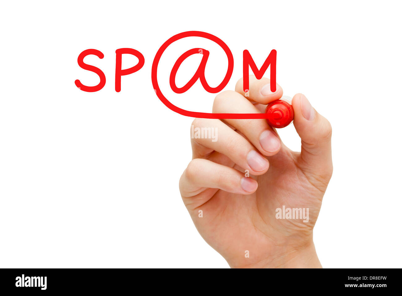 Hand writing Spam with red marker on transparent wipe board Stock Photo ...