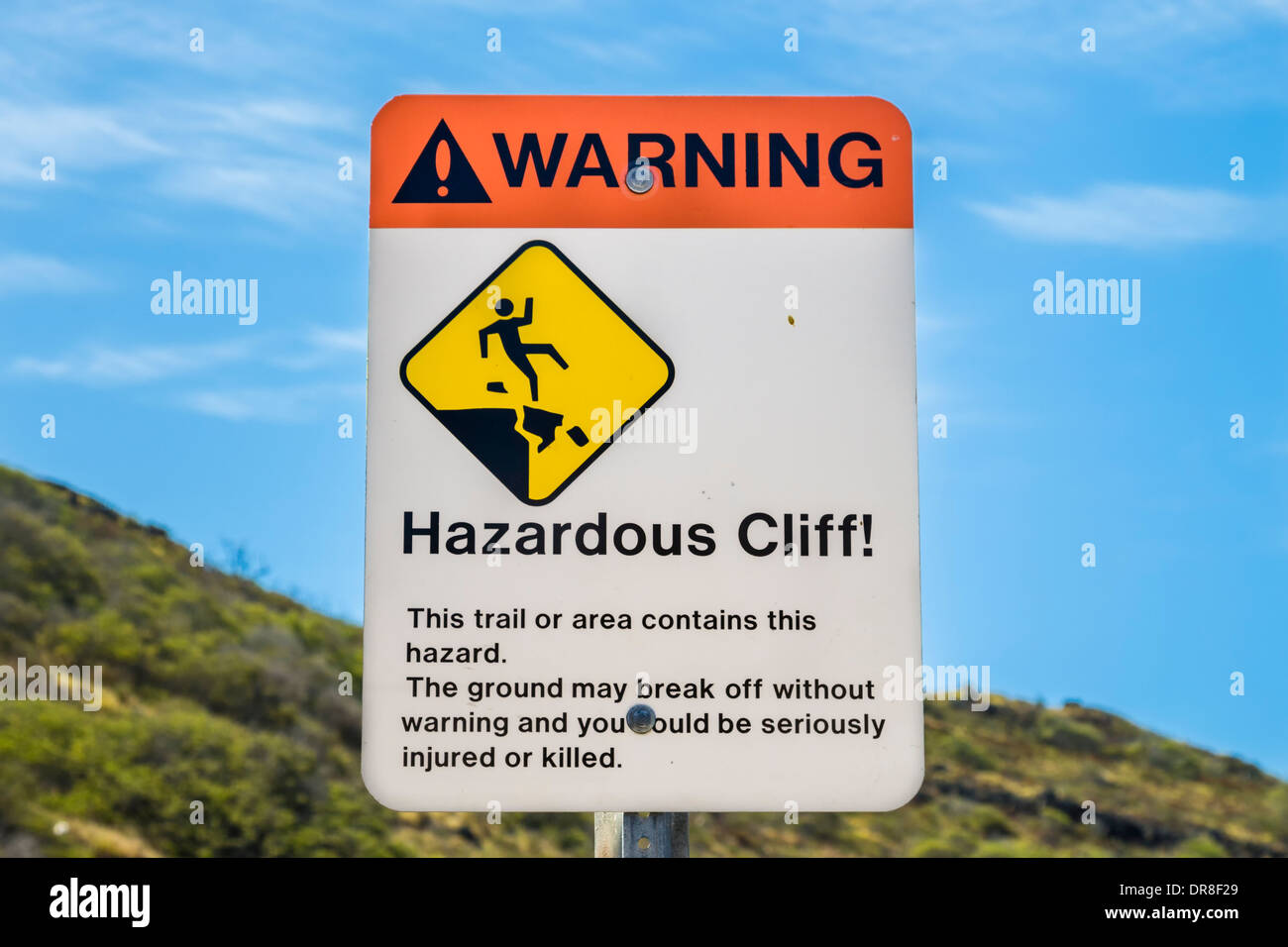 Sign warning of the dangers of hazardous cliffs along a hiking trail ...