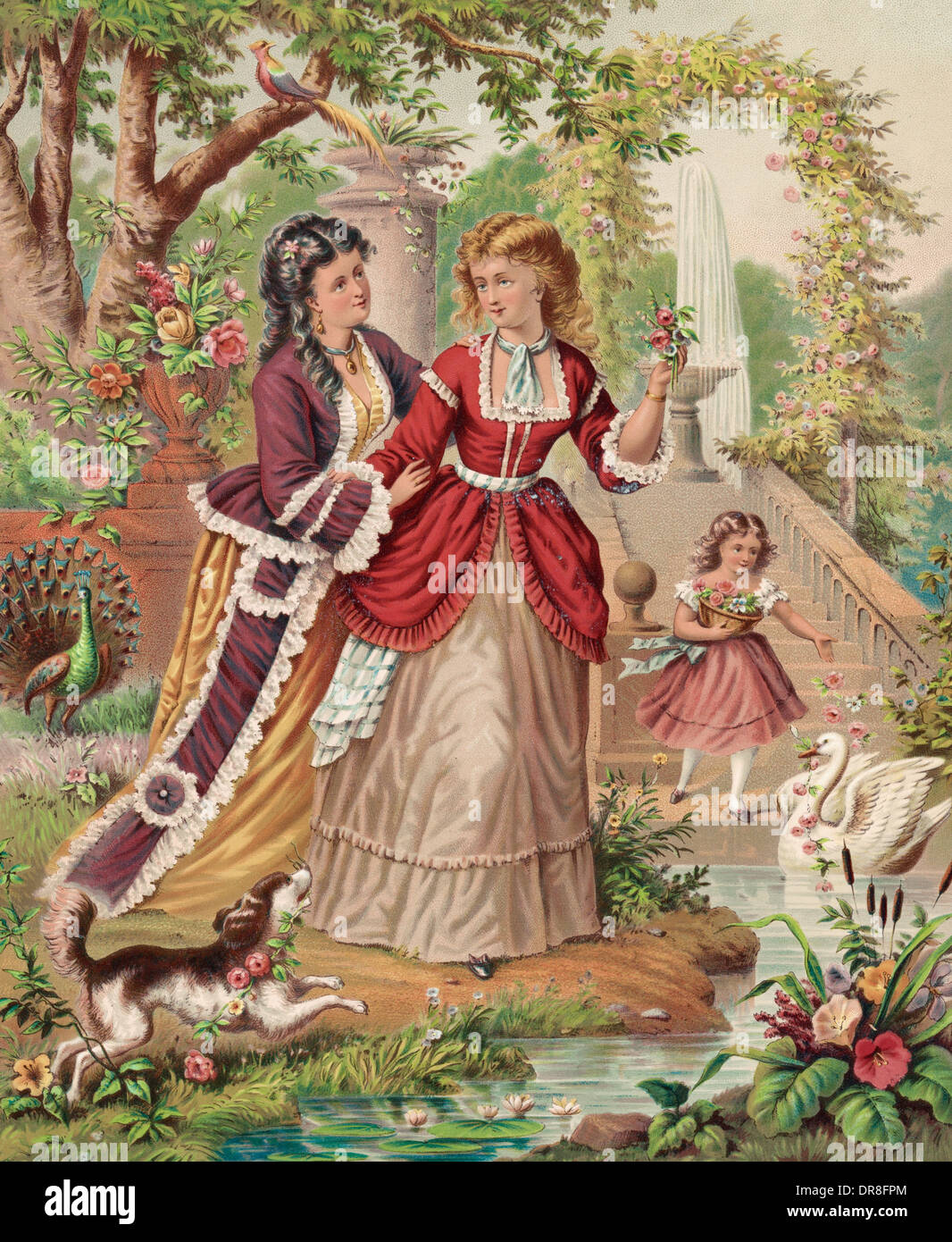 Summer - Two girls walking along a stream with flowers in summer, circa ...