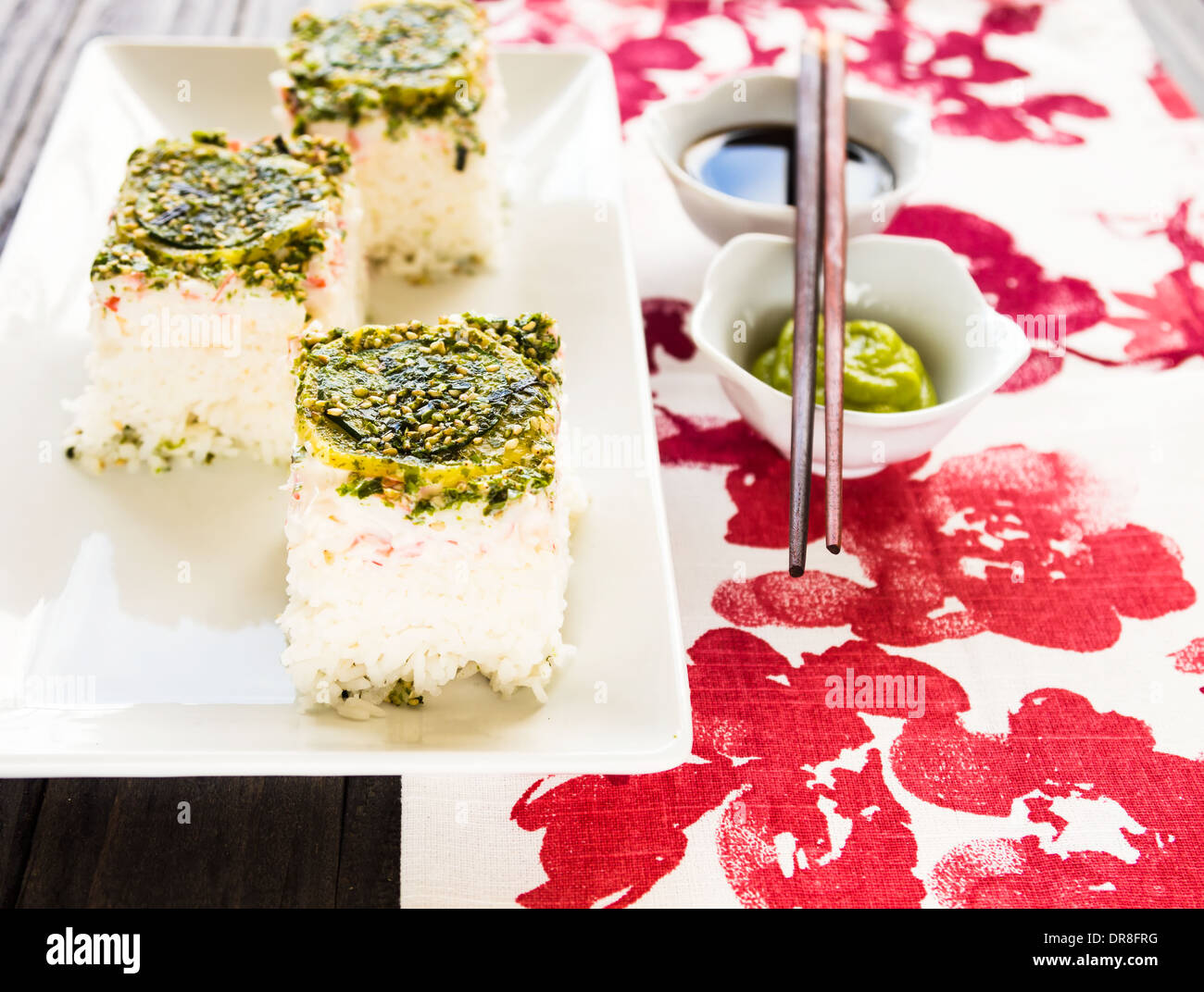 California pan sushi made of seasoned rice topped with sliced cucumber ...