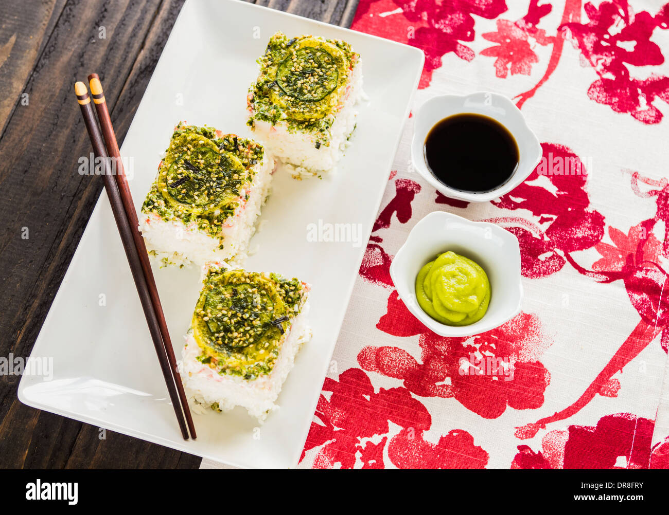 California pan sushi made of seasoned rice topped with sliced cucumber ...