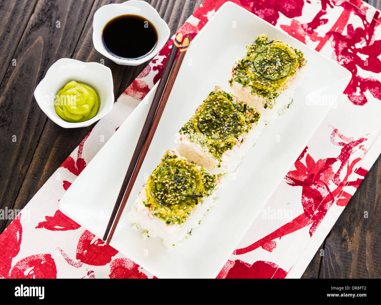 California pan sushi made of seasoned rice topped with sliced cucumber ...