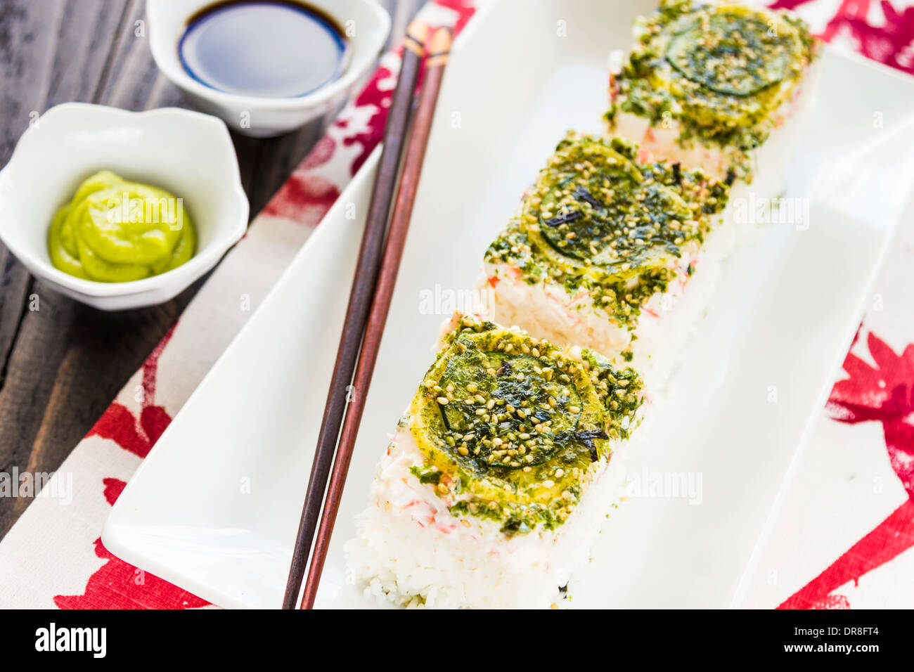 California pan sushi made of seasoned rice topped with sliced cucumber ...