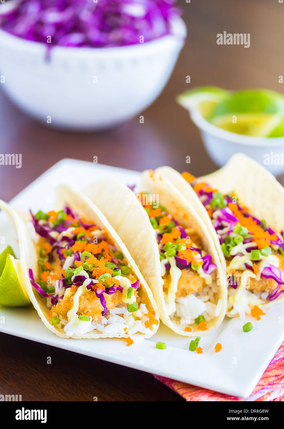 Fried breaded ahi tuna, rice, purple cabbage, green onions, masago ...
