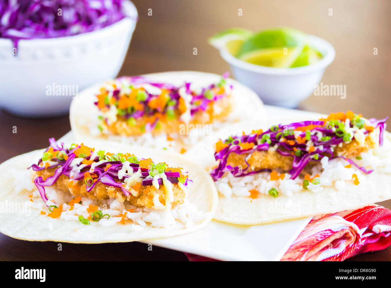 Fried breaded ahi tuna, rice, purple cabbage, green onions, masago ...