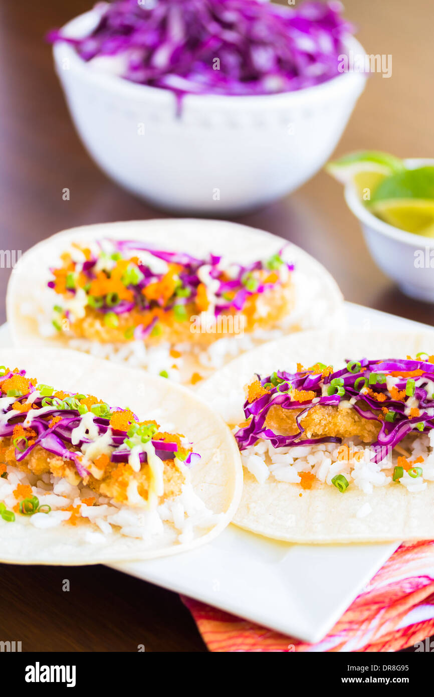 Fried breaded ahi tuna, rice, purple cabbage, green onions, masago ...