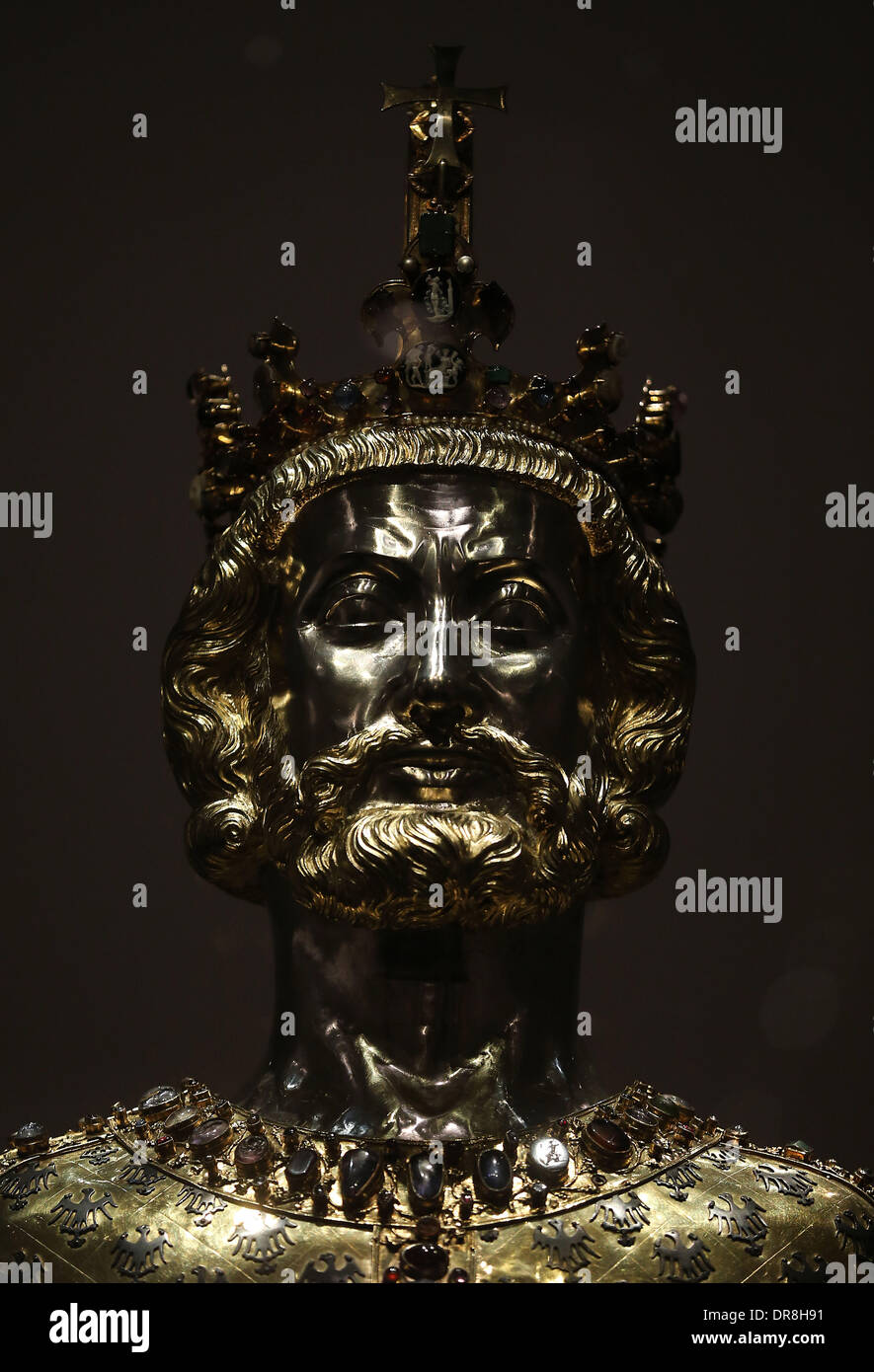 Aachen, Germany. 21st Jan, 2014. The bust of Charlemagne is ...