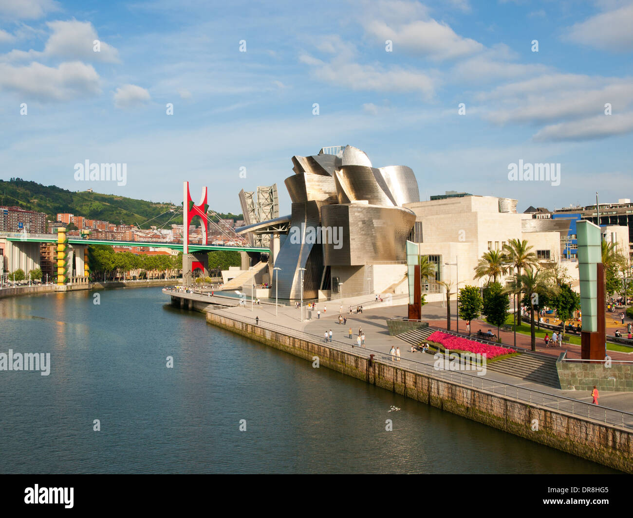 A view of the Guggenheim Museum Bilbao, La Salve Bridge, and Nervion ...
