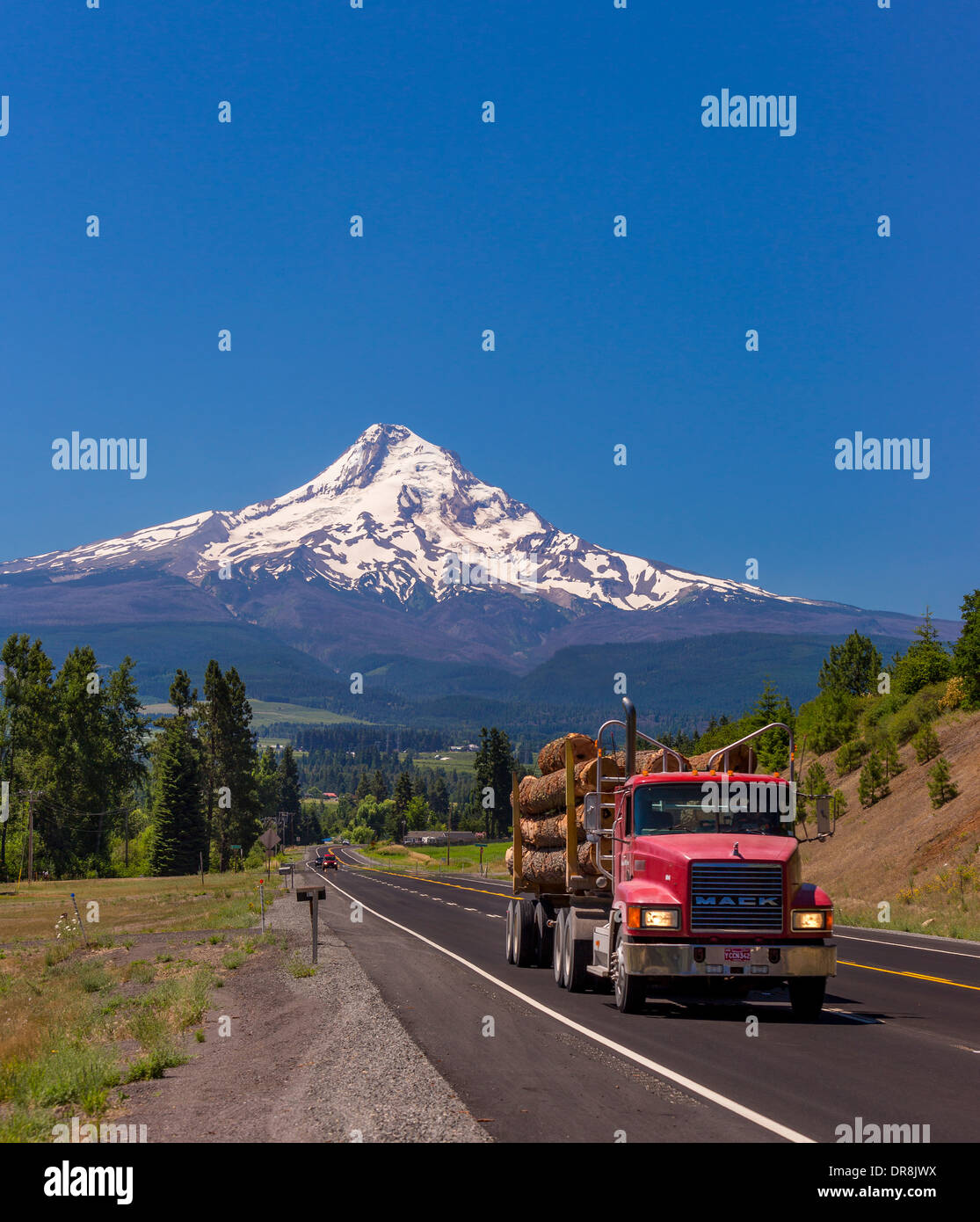 HOOD RIVER, OREGON, USA - Timber truck on Route 35 and Mount Hood, a ...