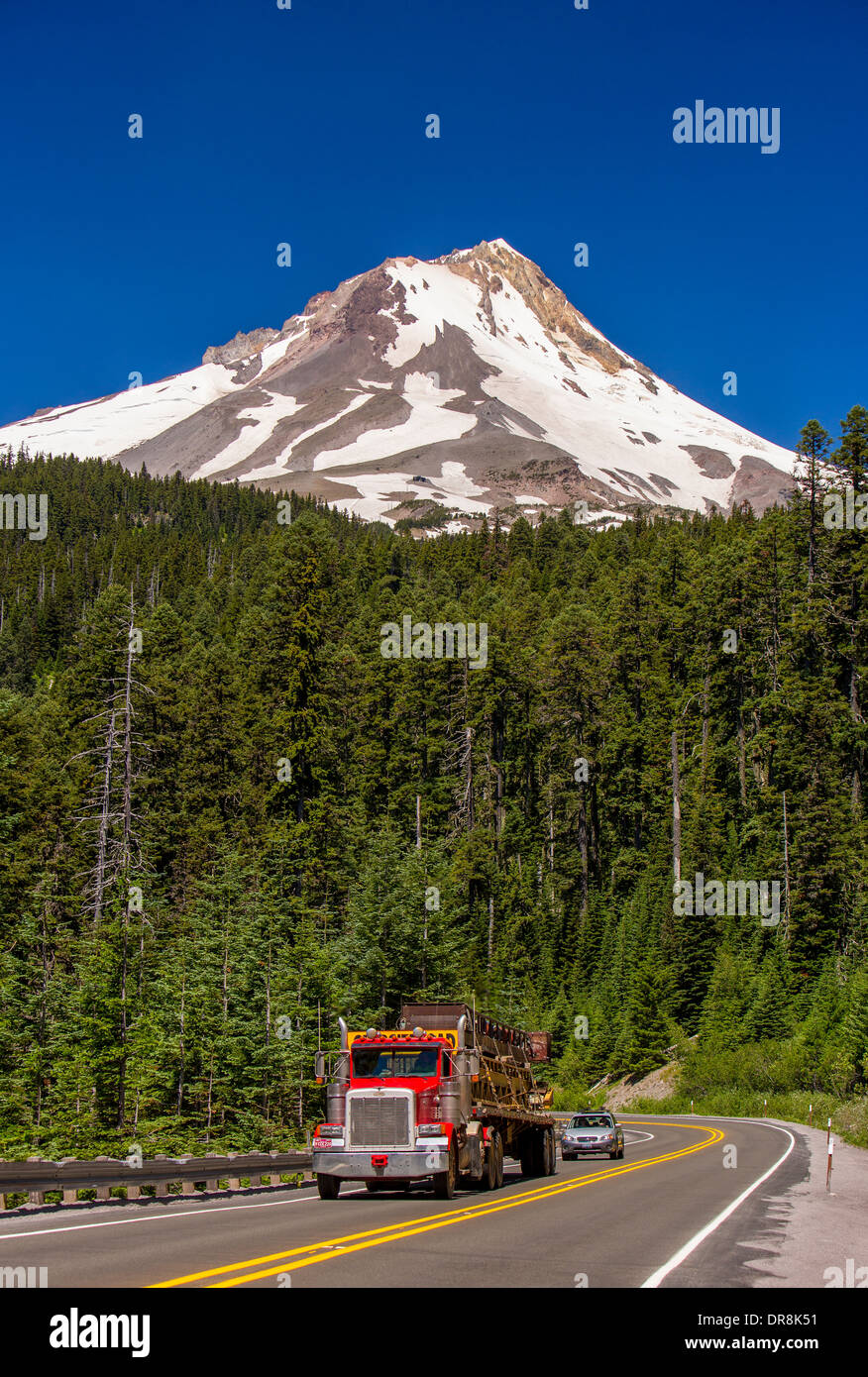 GOVERNMENT CAMP, OREGON, USA - Timber truck on Route 35 and Mount Hood ...