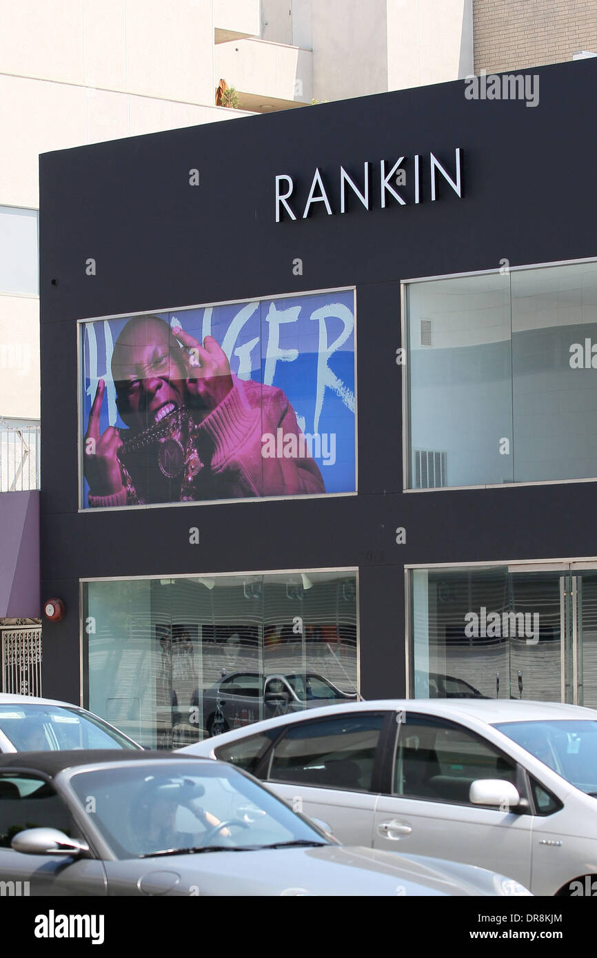 A large window display featuring a photograph of British rapper Dizzee ...