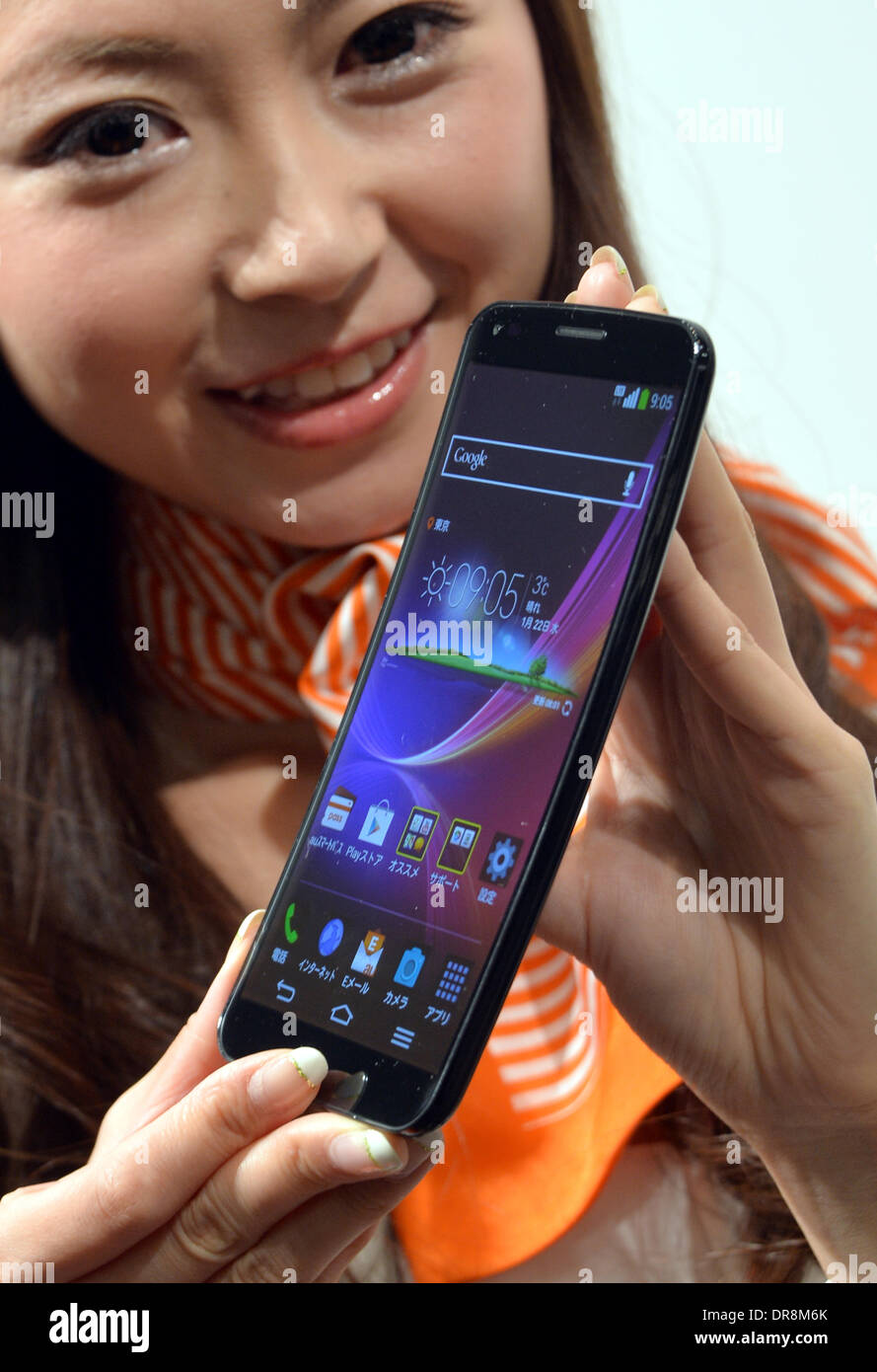 Tokyo, Japan. 22nd Jan, 2014. A model shows an Android smartphone with ...