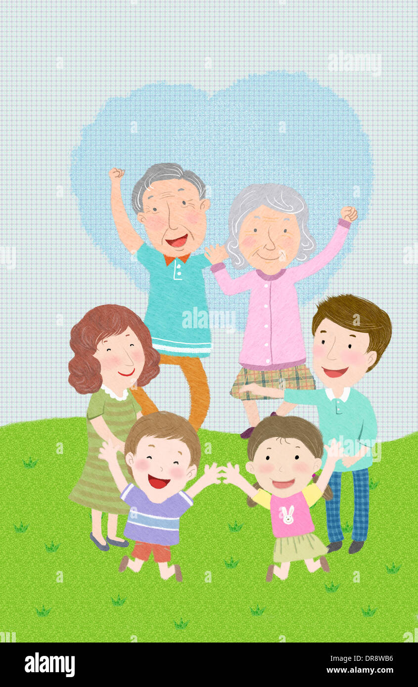 illustration of extended family on the grass Stock Photo - Alamy