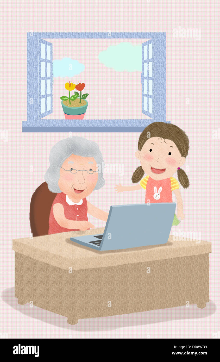 illustration of a grandmother learning computer Stock Photo - Alamy
