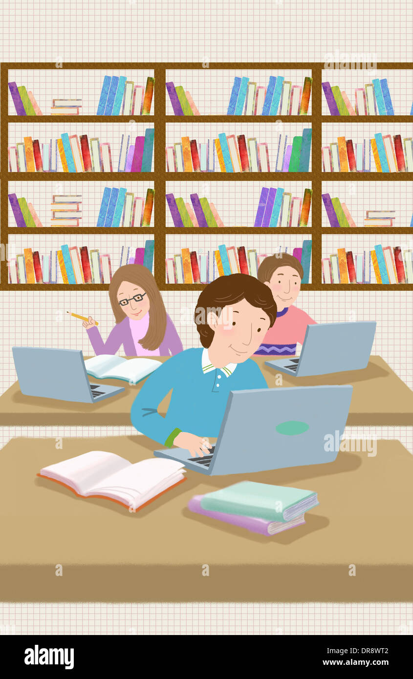 illustration of students studying in library Stock Photo - Alamy