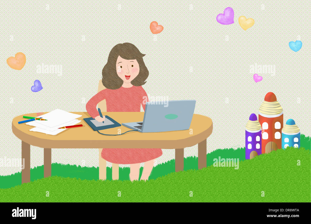 illustration of a woman working at desk Stock Photo - Alamy