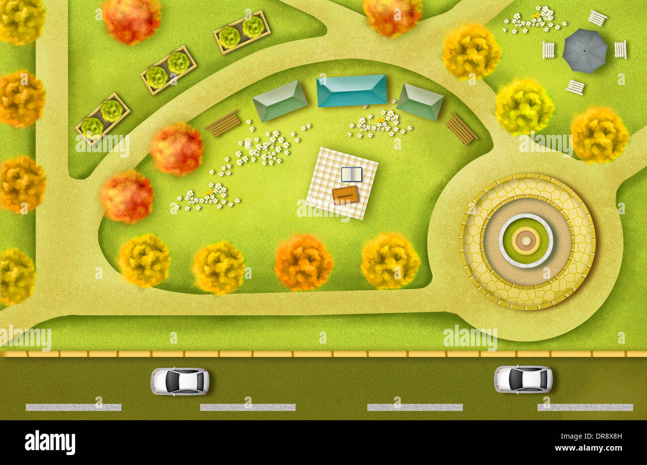 top down view illustration of a road and park Stock Photo - Alamy