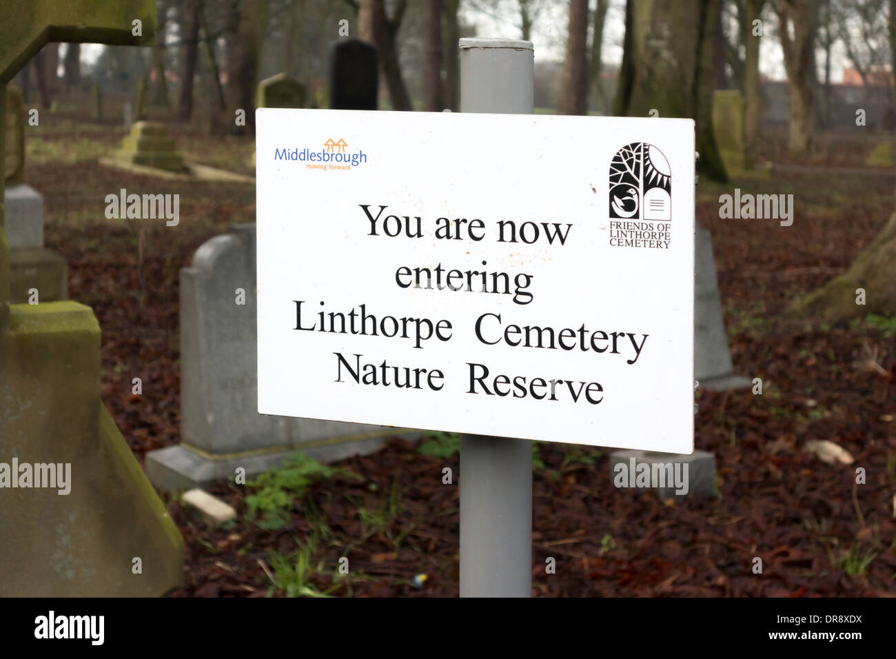 Sign by Friends of Linthorpe cemetery "You are now entering Linthorpe ...