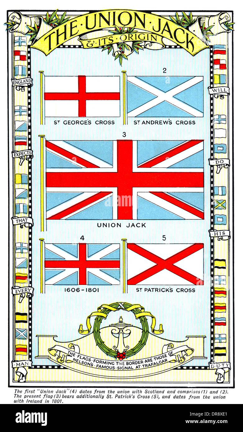 The Union Jack and its origins Printed ephemera, ca 1930 Stock Photo ...