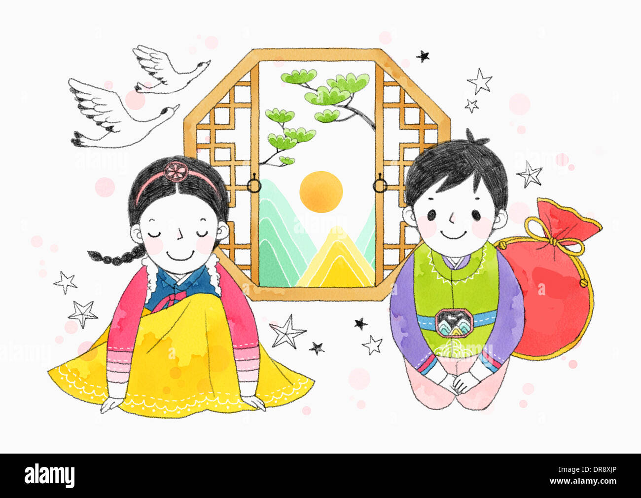 illustration of a couple in Chuseok Stock Photo - Alamy