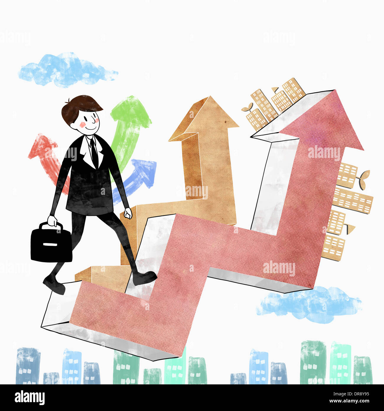 illustration of businessman walking up the arrows Stock Photo - Alamy