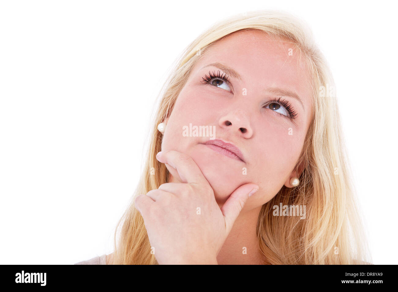 Attractive woman making a decision. All on white background Stock Photo ...