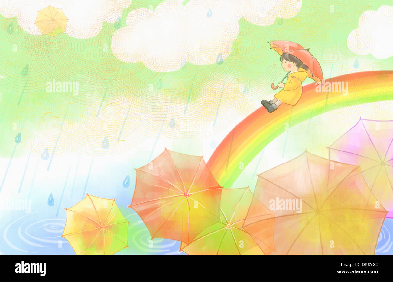 illustration a girl riding rainbow Stock Photo - Alamy
