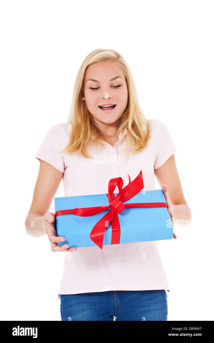 Attractive girl getting present. All on white background Stock Photo ...