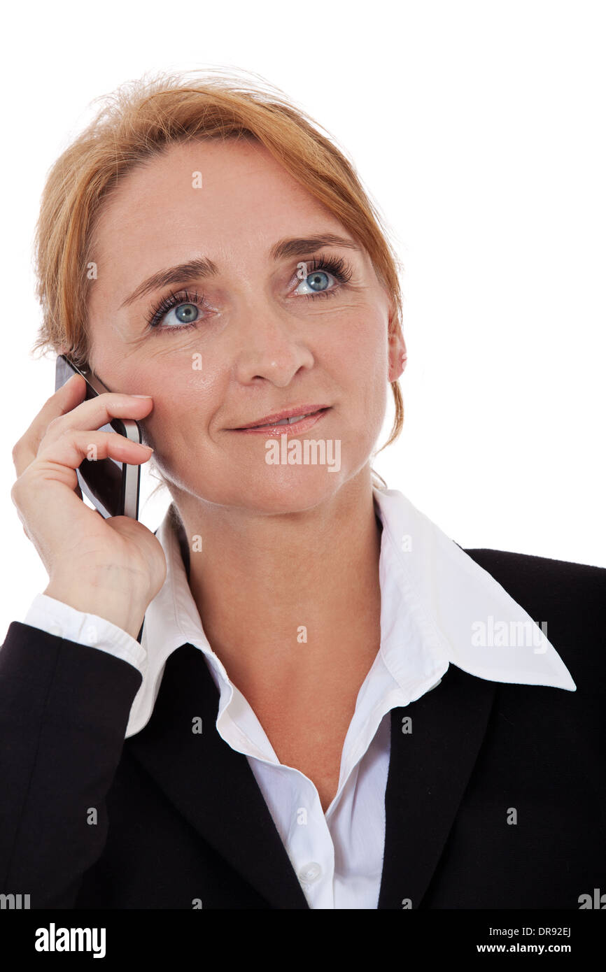 Middle aged businesswoman using smart phone. All on white background ...