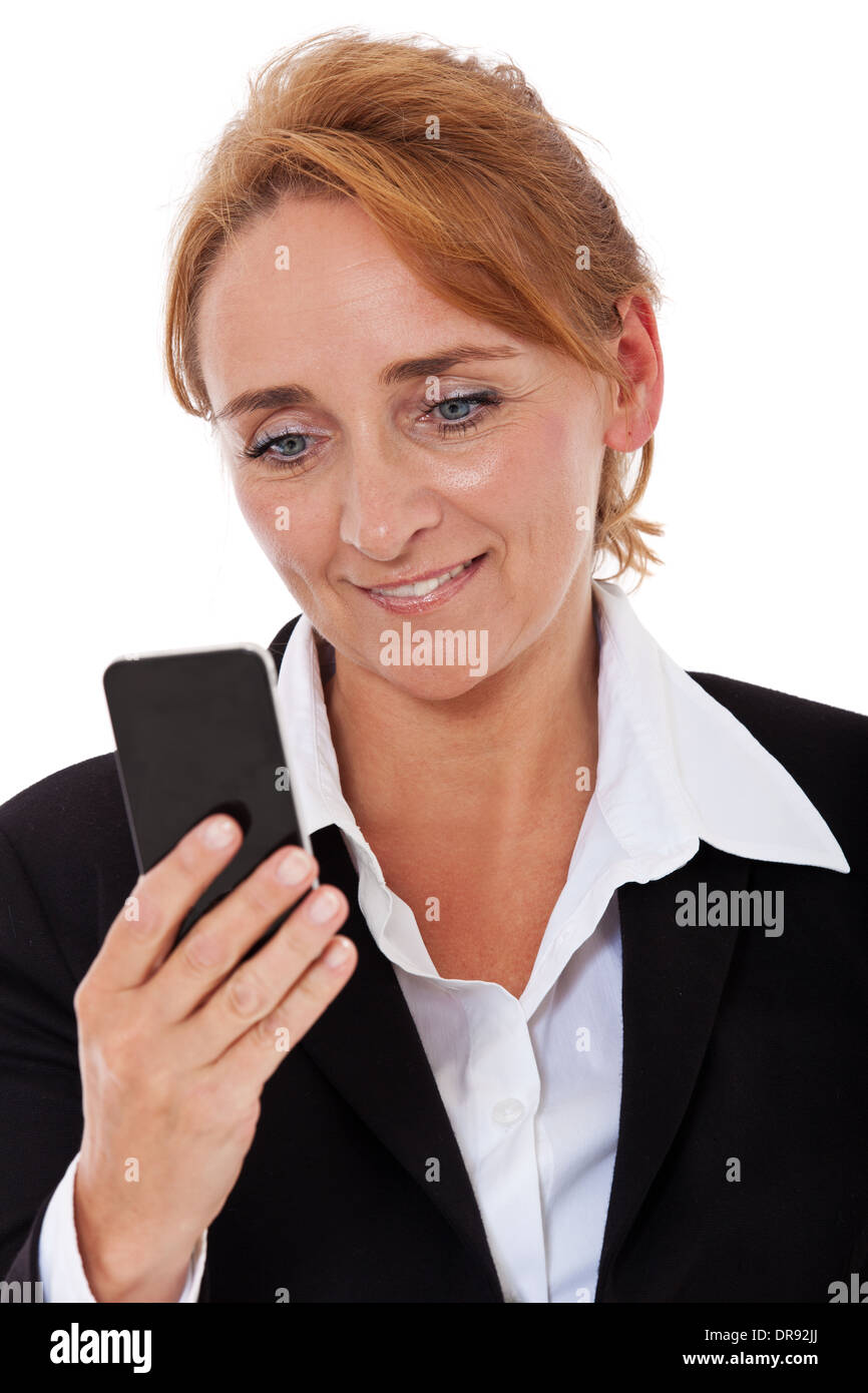 Middle aged businesswoman using smart phone. All on white background ...