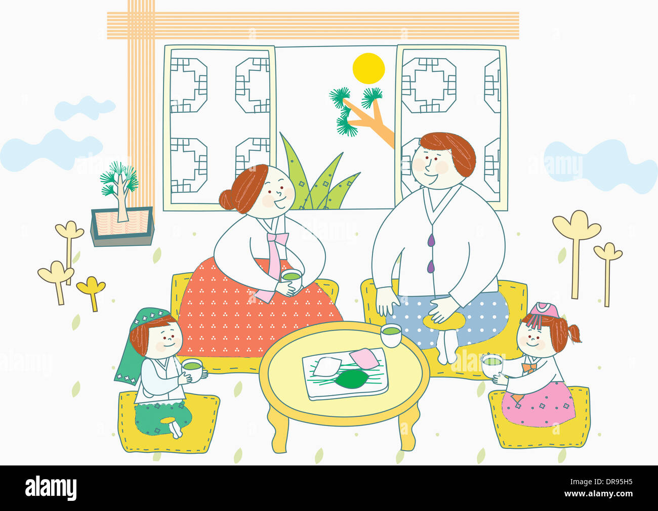 illustration of a family in Chuseok Stock Photo - Alamy