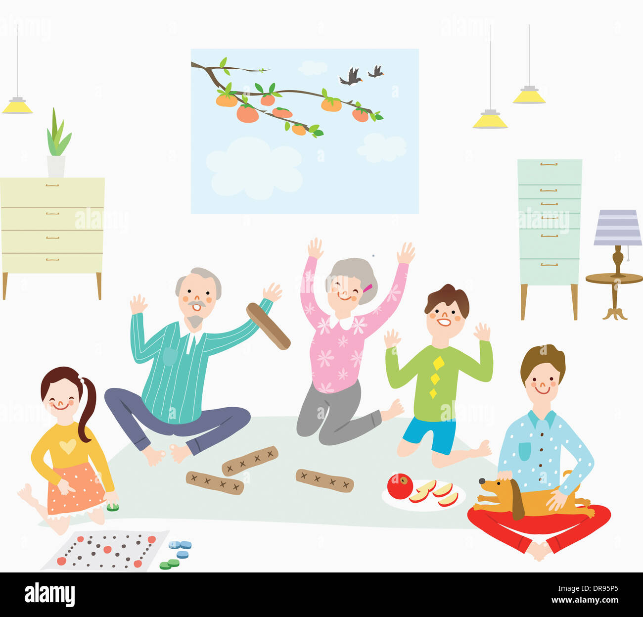illustration of extended family playing game in Chuseok Stock Photo - Alamy