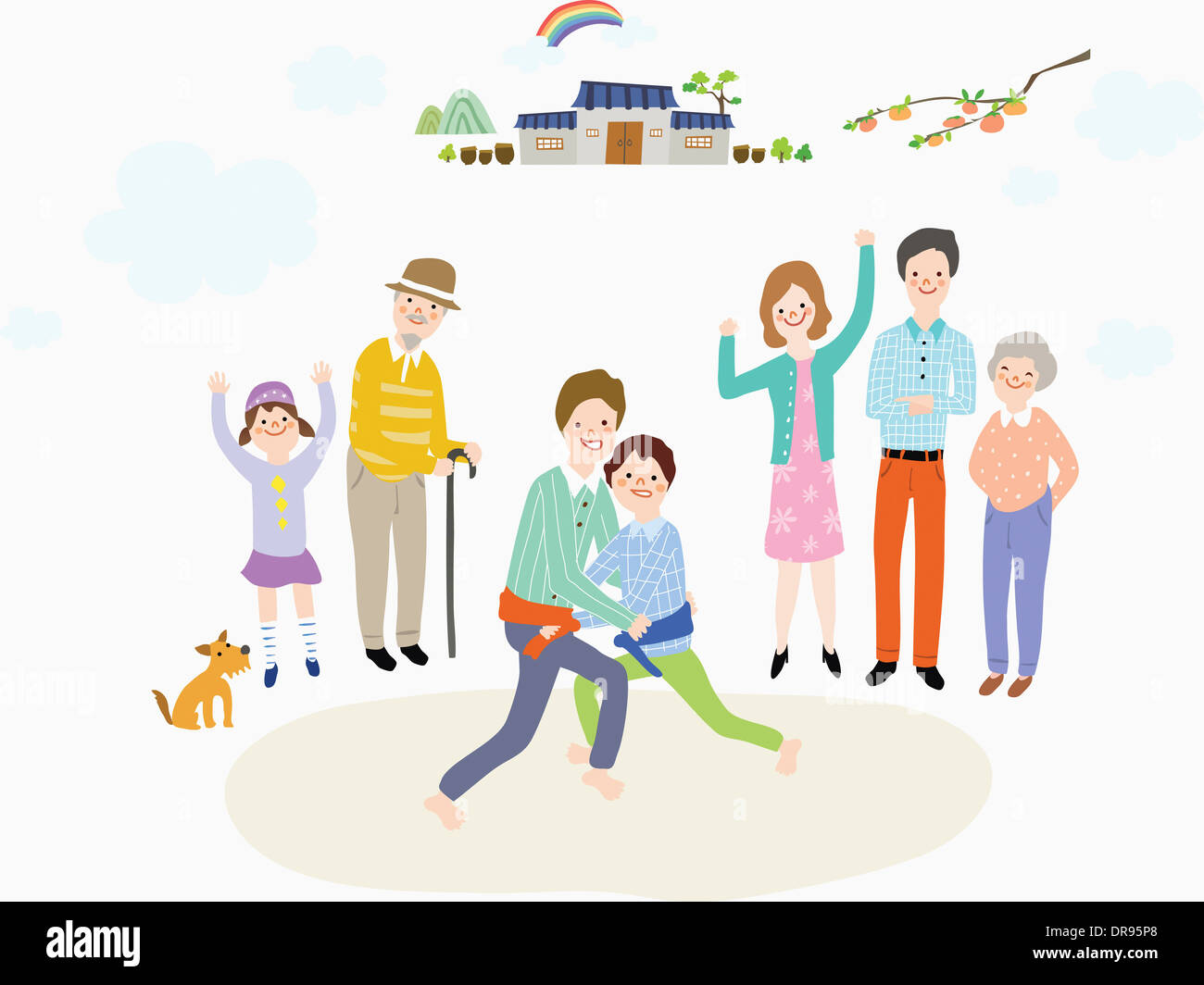 illustration of extended family playing game in Chuseok Stock Photo - Alamy