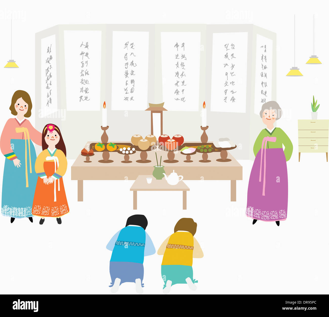 illustration of family in Chuseok ceremony Stock Photo - Alamy