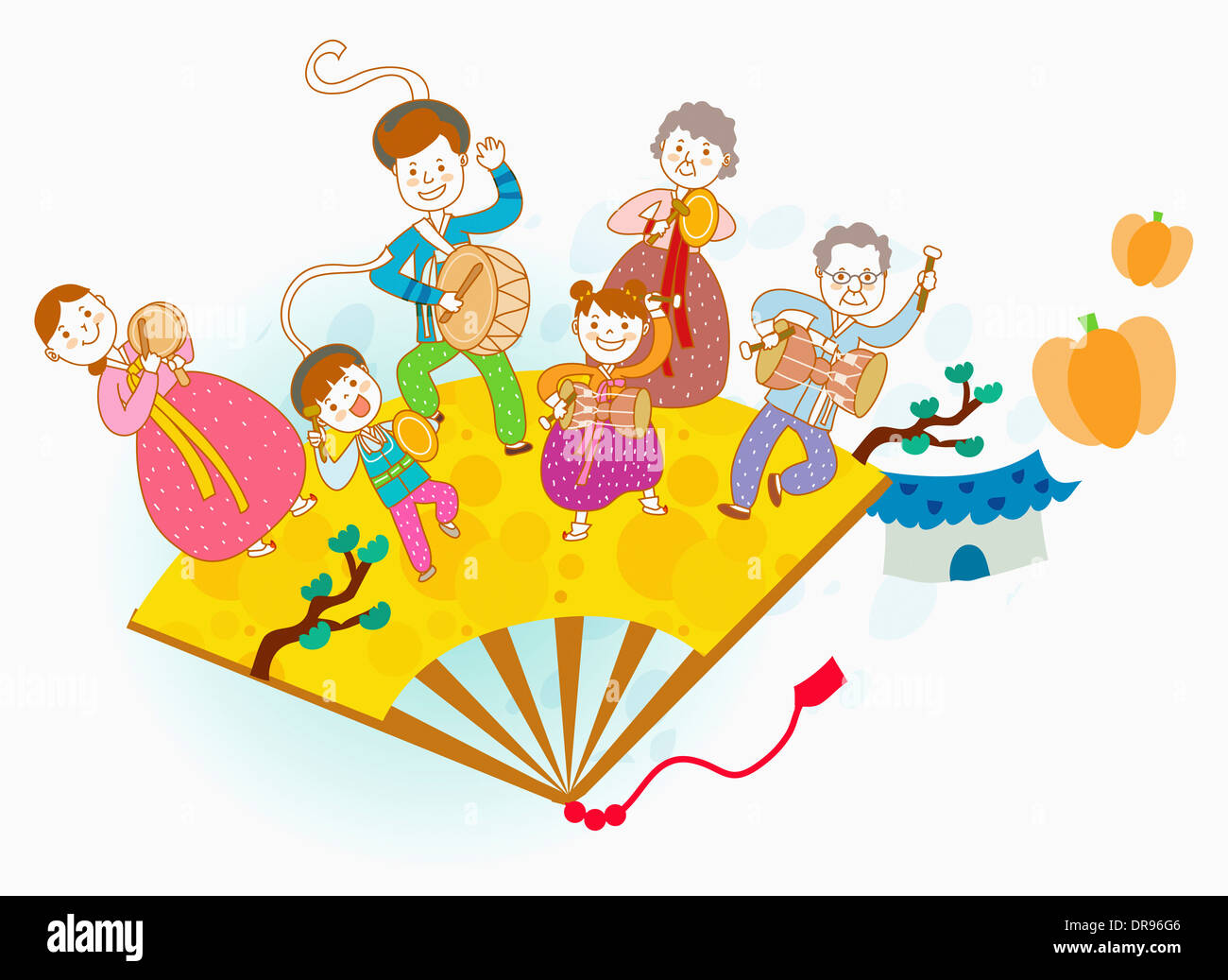 illustration of a family playing instruments in Chuseok Stock Photo - Alamy