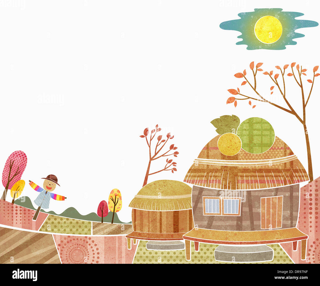 illustration of memo template featuring Korean hut and scarecrow Stock ...