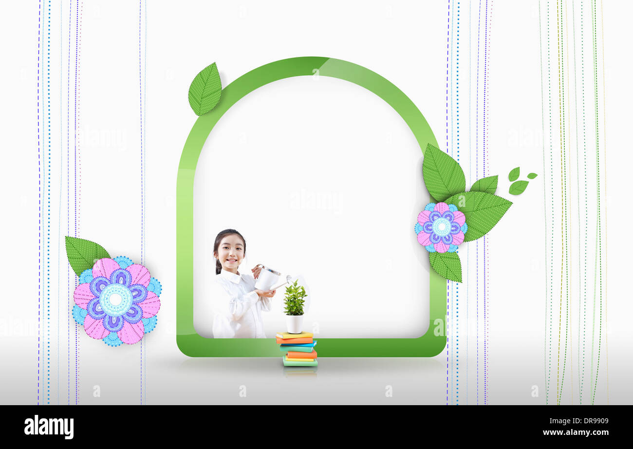 a girl sitting in a illustrated frame Stock Photo - Alamy