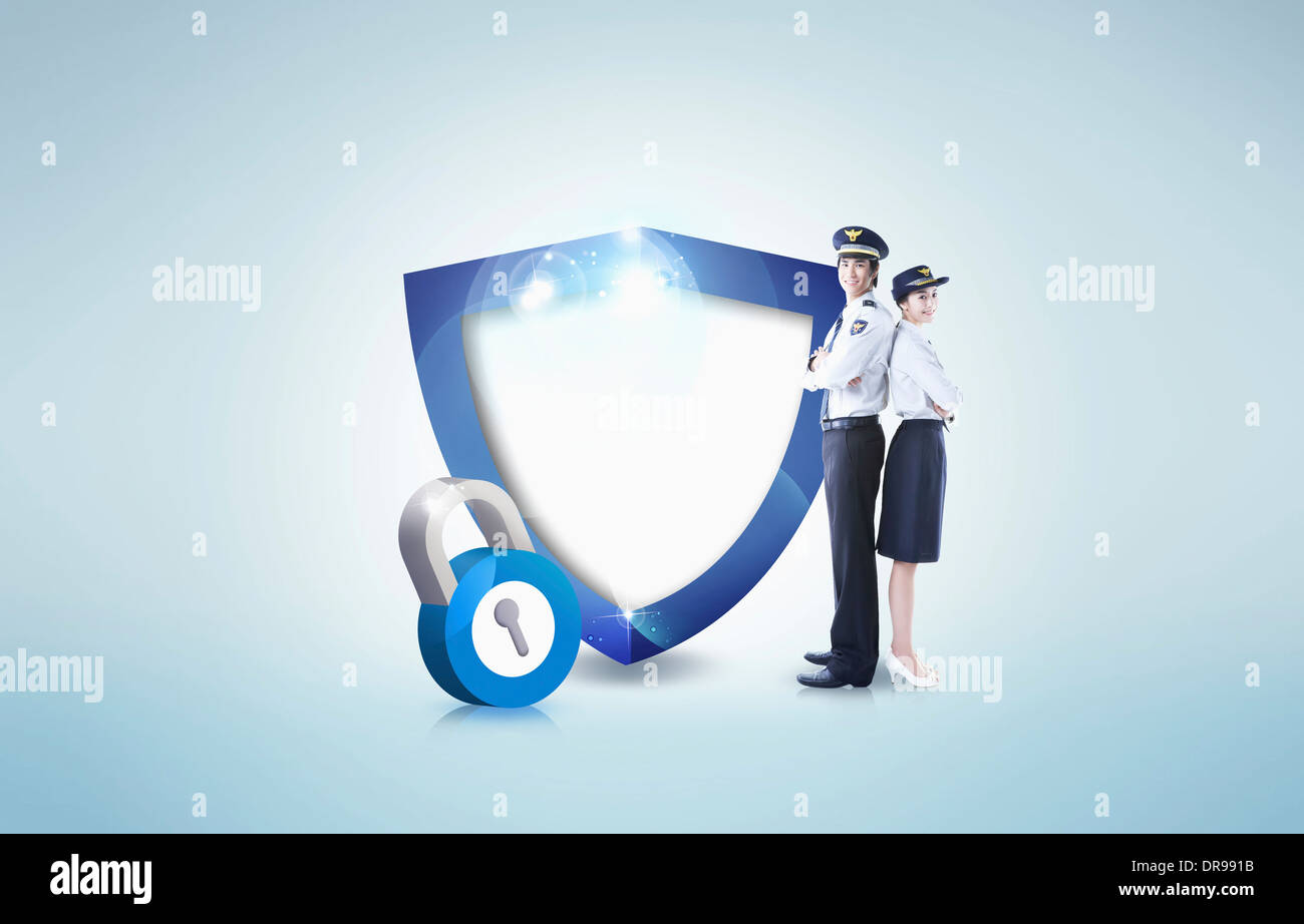 two police officers standing next to an illustrated shield Stock Photo ...