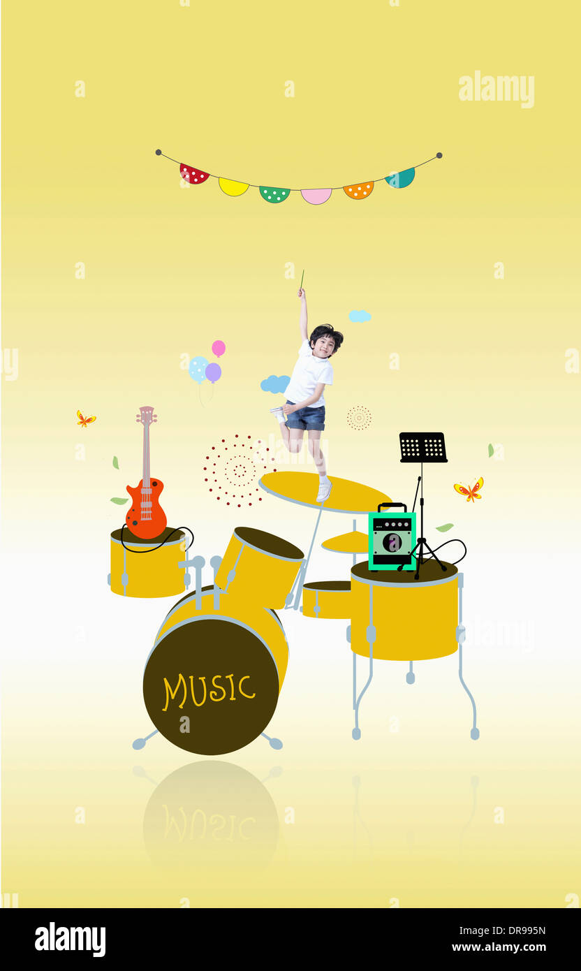 Child jumping with instrument hi-res stock photography and images - Alamy
