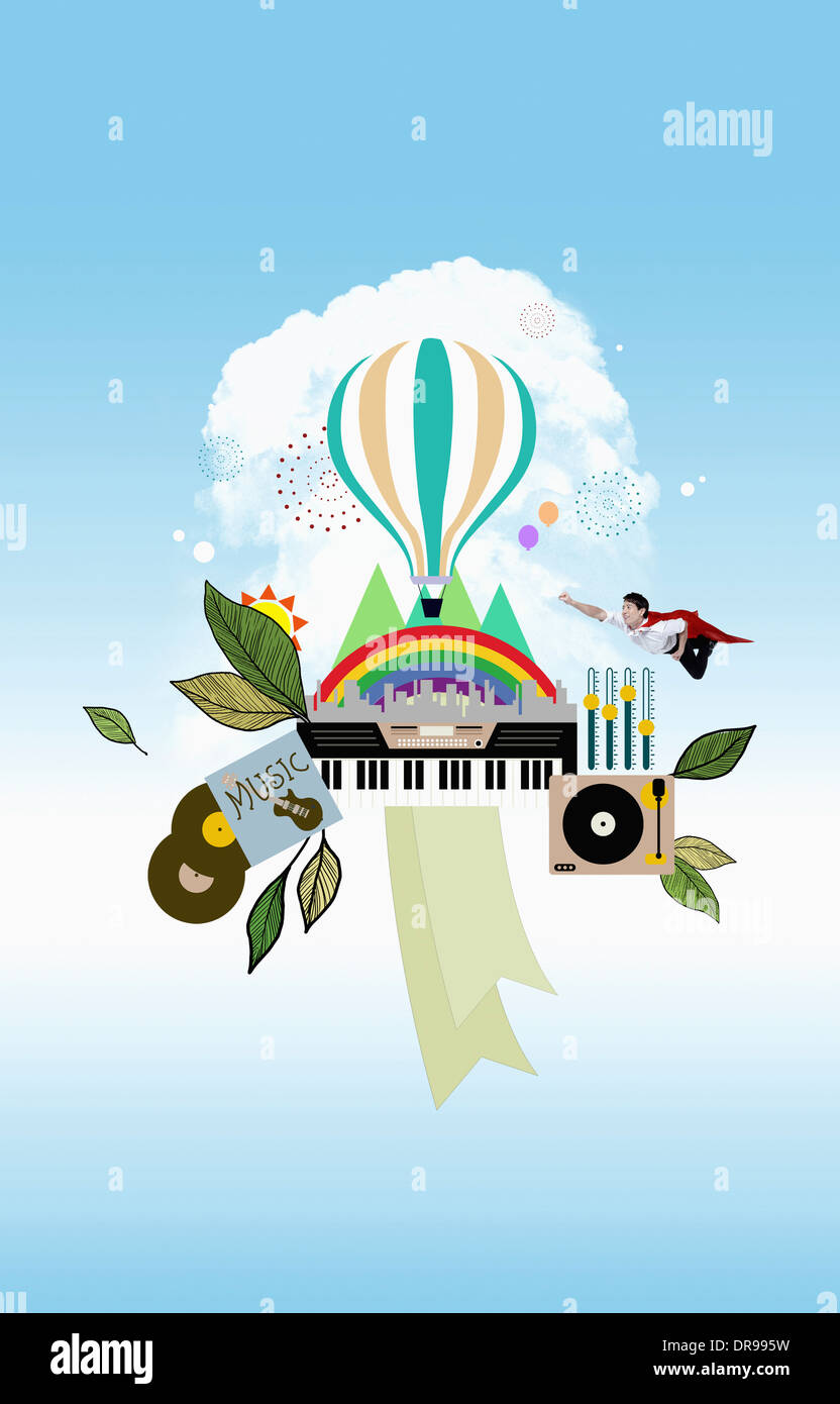 a boy flying over illustrated musical instruments Stock Photo - Alamy