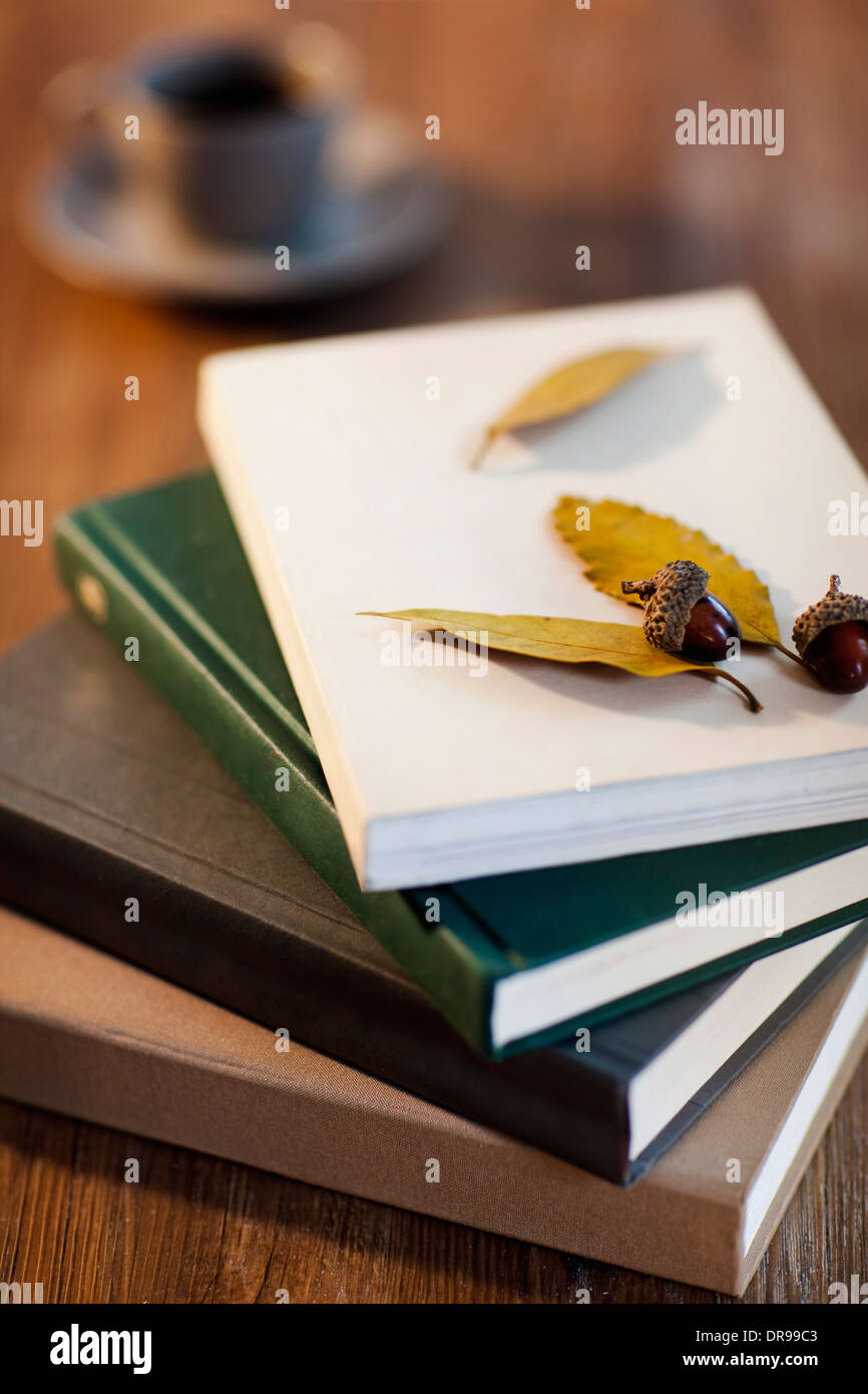 a pile of books with autumn leaves Stock Photo - Alamy
