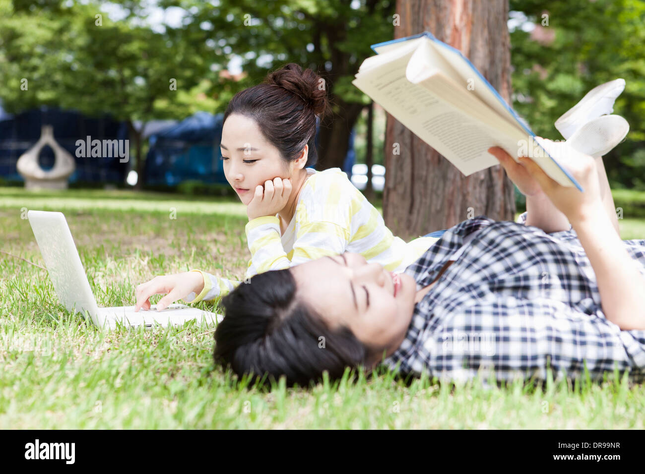 university students lying on grass working Stock Photo - Alamy