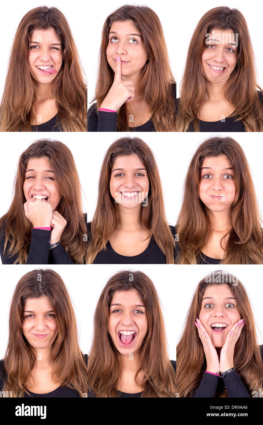 Young woman making faces isolated in white Stock Photo - Alamy