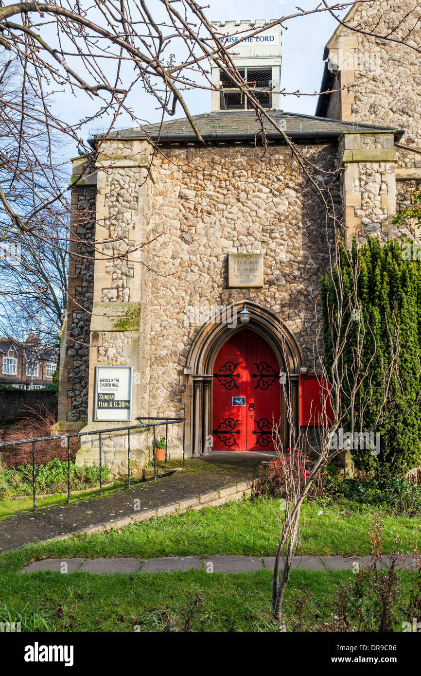 Christ Church stone building and red door and turret - structure is ...