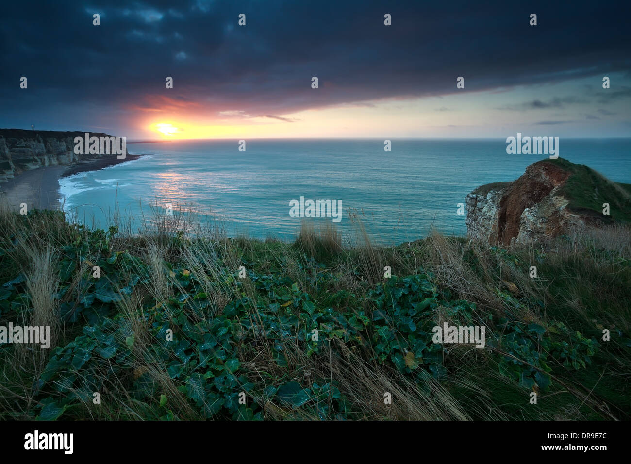 sunset over Atlantic ocean and cliffs, Etretat, Normandy, France Stock Photo - Alamy