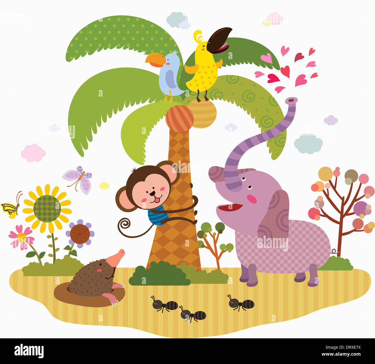 illustration of animals around a palm tree Stock Photo - Alamy