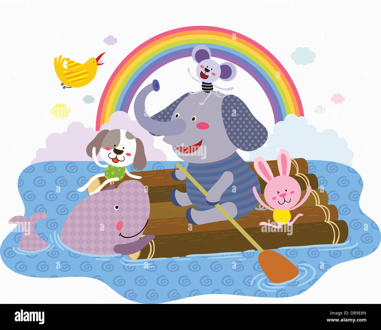 illustration of animals rowing a wooden boat Stock Photo - Alamy