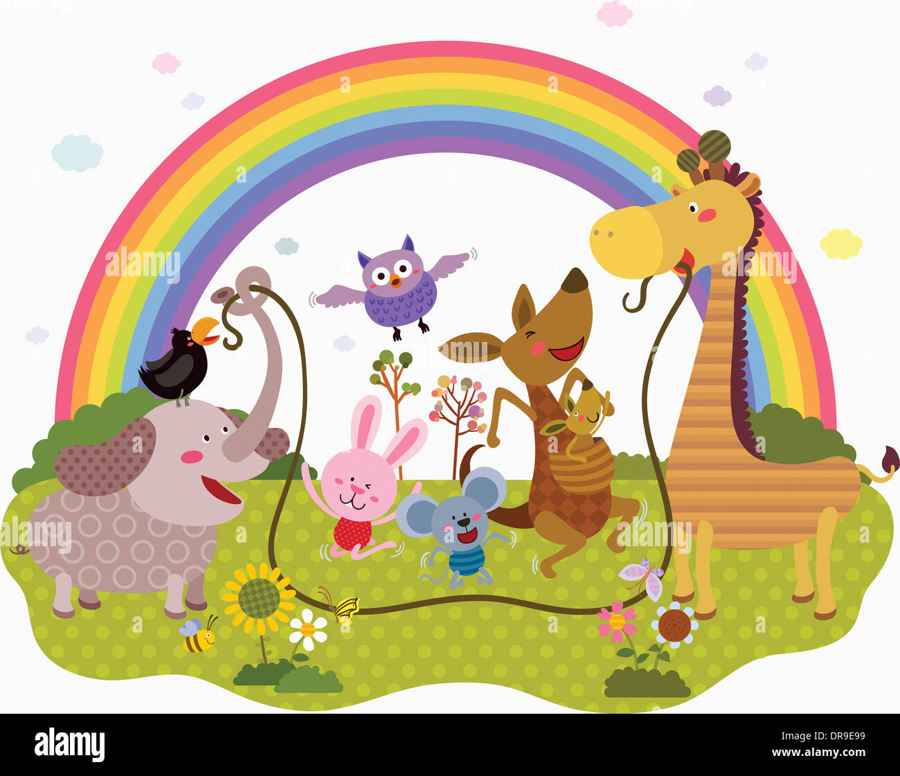 illustration of animals playing skipping together Stock Photo - Alamy