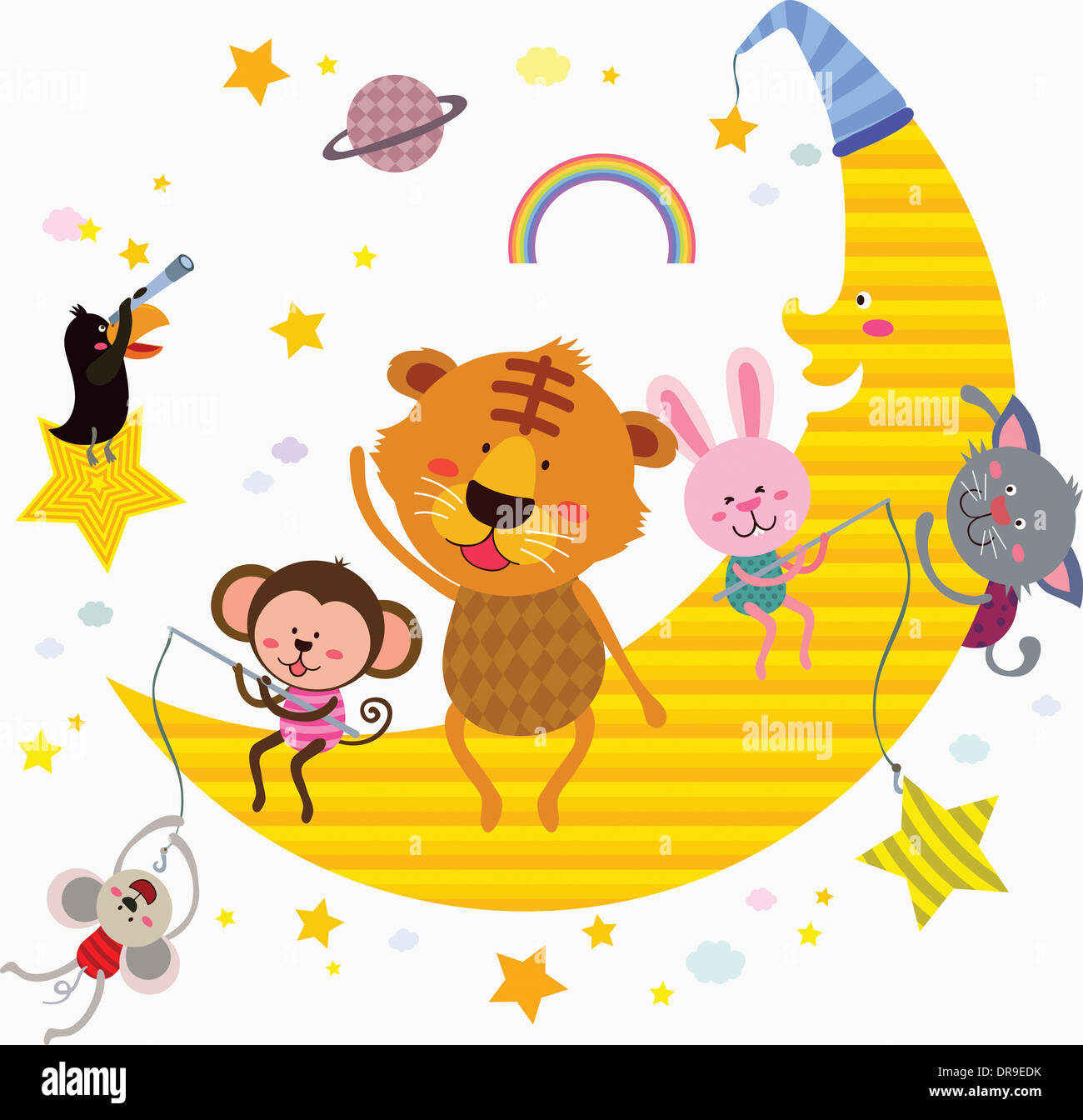 illustration of animals sitting on a moon Stock Photo - Alamy