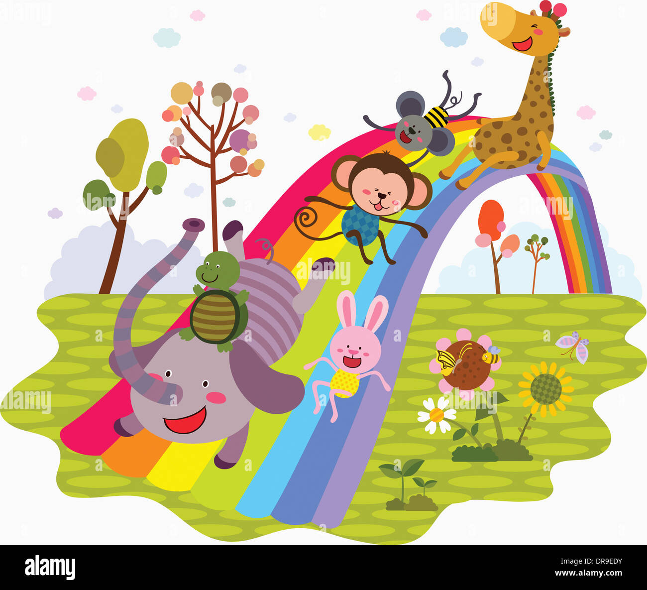 illustration of animals riding a rainbow Stock Photo - Alamy